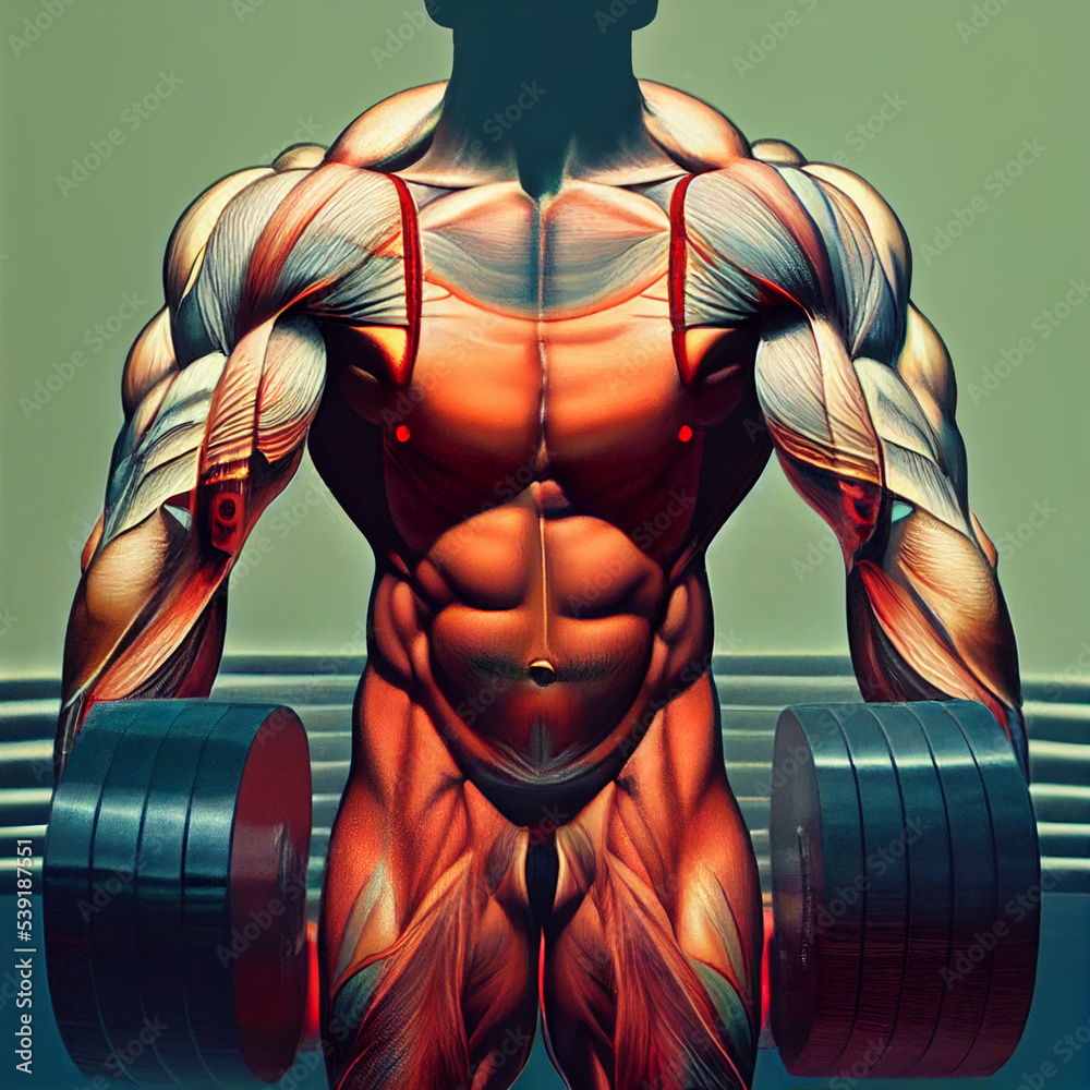 The structure of the muscles in a man during training with dumbbells ...