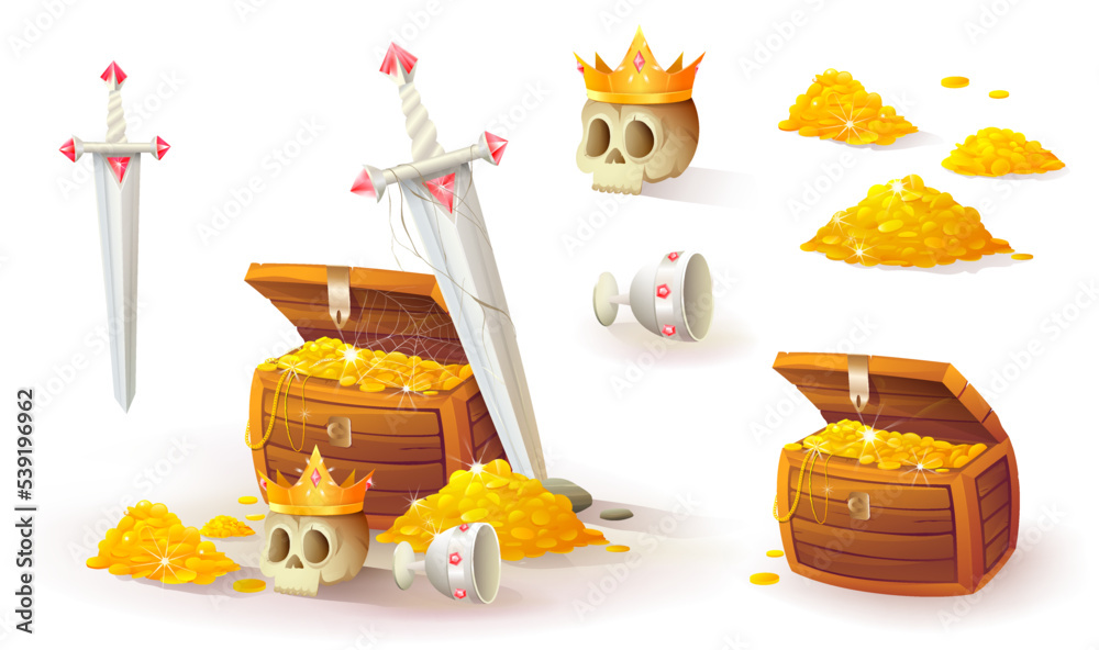 Chest with gold, pirate treasure chest with golden coins, scull and ...