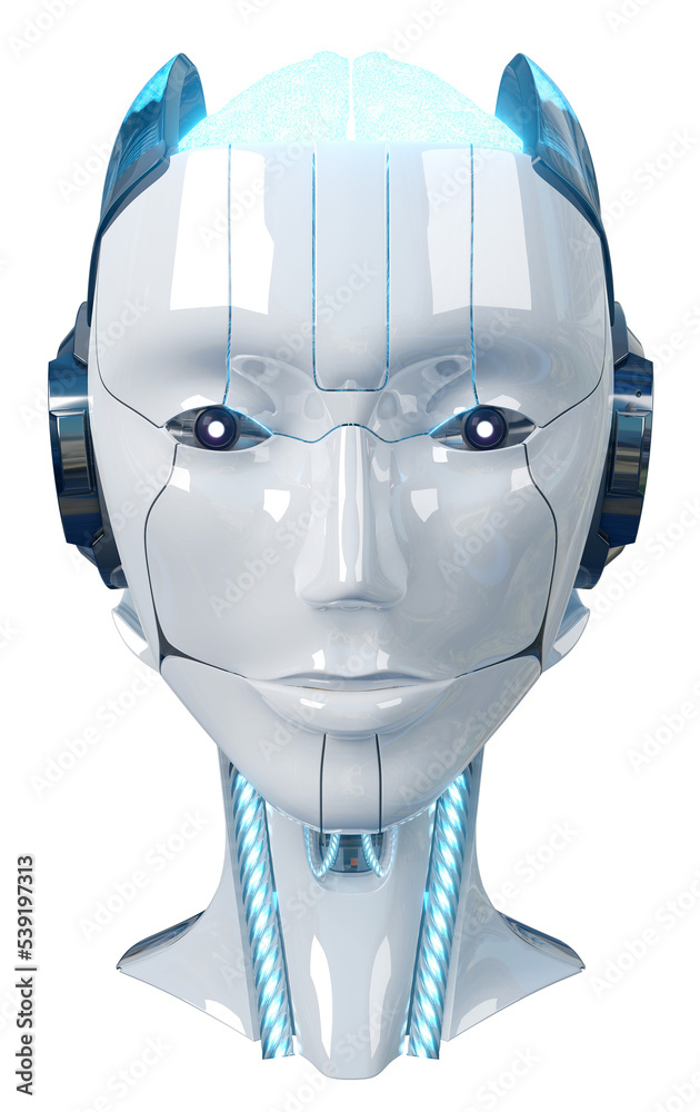 White and blue female cyborg robot head isolated. 3d rendering of ...