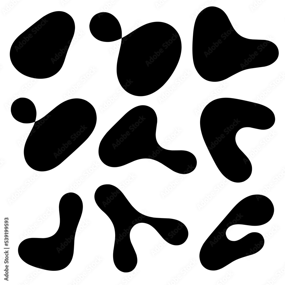 Random shape. Irregularly shaped black lumps. Abstract blotches, ink ...