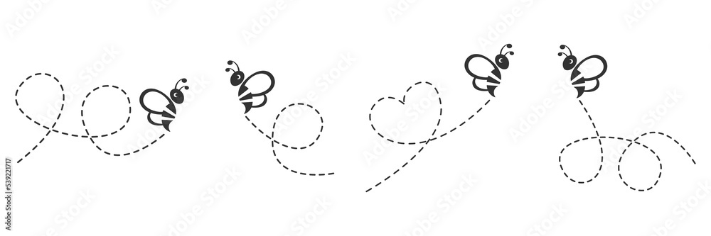 Bees flying on line dotted route set. Bee flight path collection ...
