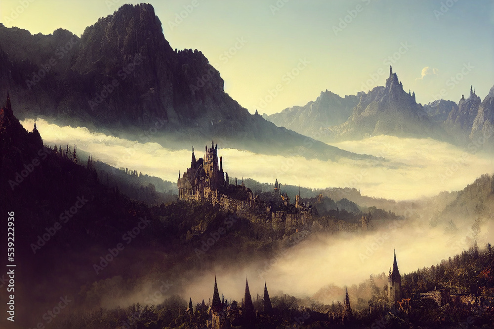 Gothic castle at the top of a mountain,dark environment, above a foggy ...