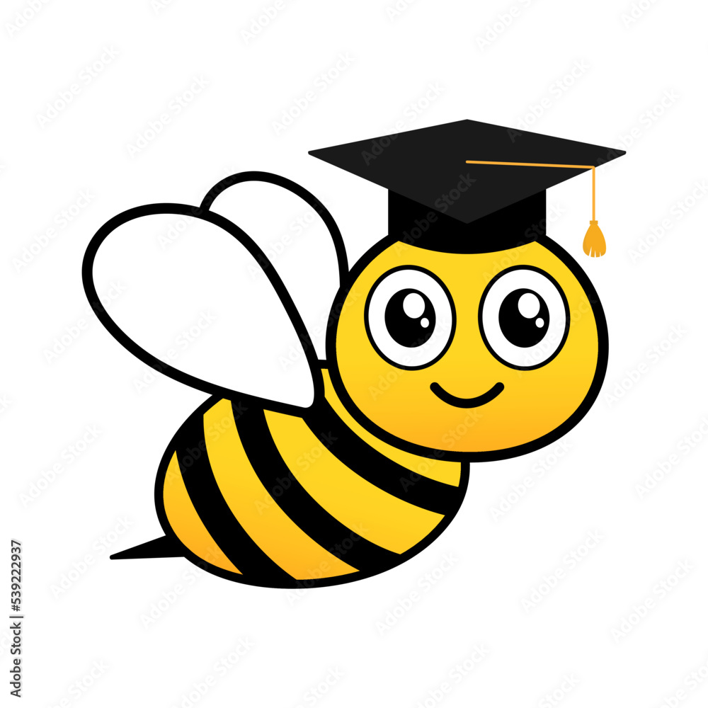 Cute friendly bee in graduate hat. Flying scholar bee with big kind ...