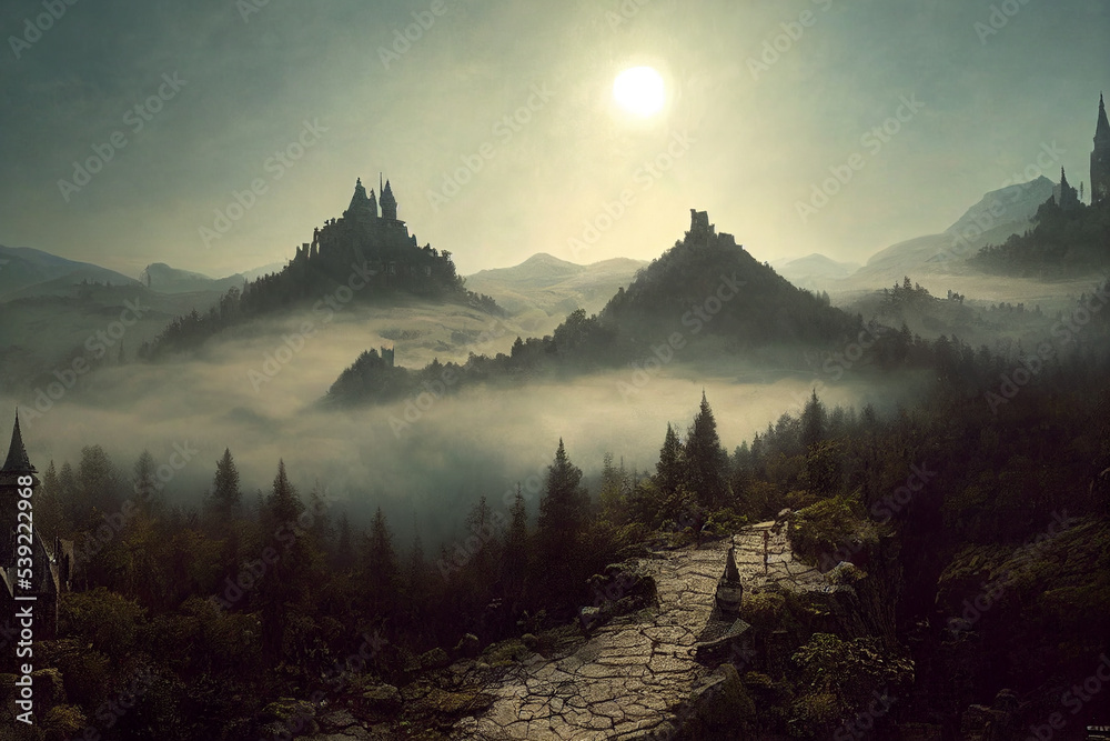 Gothic castle at the top of a mountain,dark environment, above a foggy ...