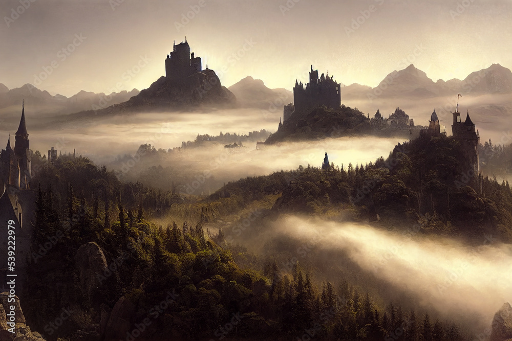 Gothic castle at the top of a mountain,dark environment, above a foggy ...