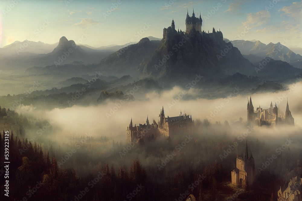 ภาพประกอบสต็อก Gothic castle at the top of a mountain,dark environment ...