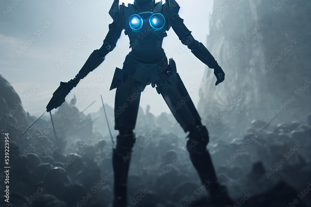 Epic shot action film portrait of female knight wearing futuristic ...