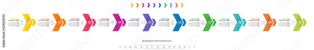Vector timeline infographics with 10 steps, icons, flowchart, workflow ...