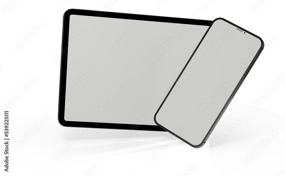 Blank screen realistic tablet frame, rotated position, side view, top ...