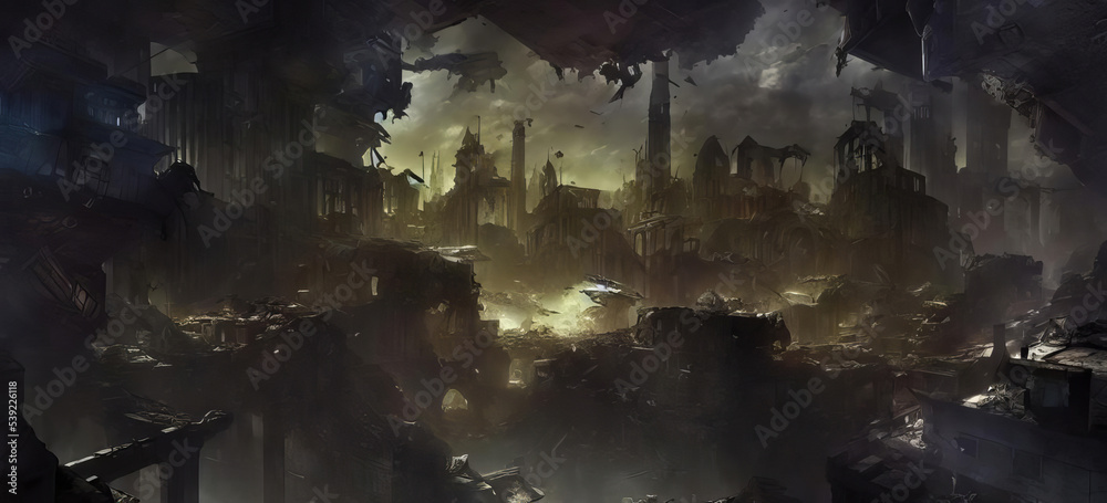 Ruins Of A City With A Lot Of Buildings In The Midst Of The Night ...