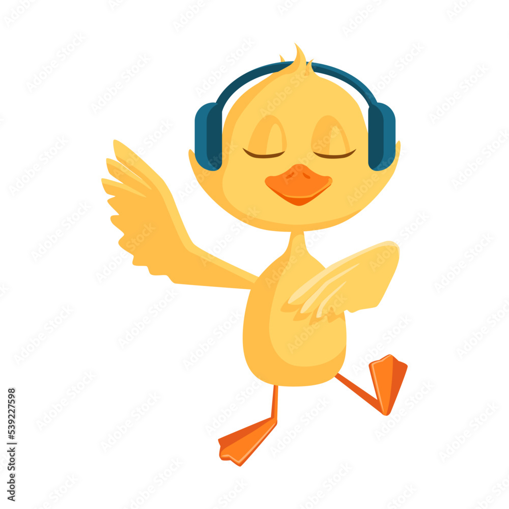 Cartoon duckling listening to music with headphones. Funny yellow baby ...