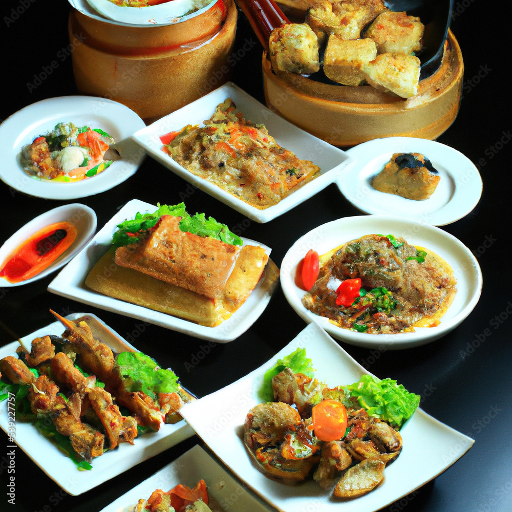 Foto de Assorted Chinese food set. Chinese noodles, fried rice ...