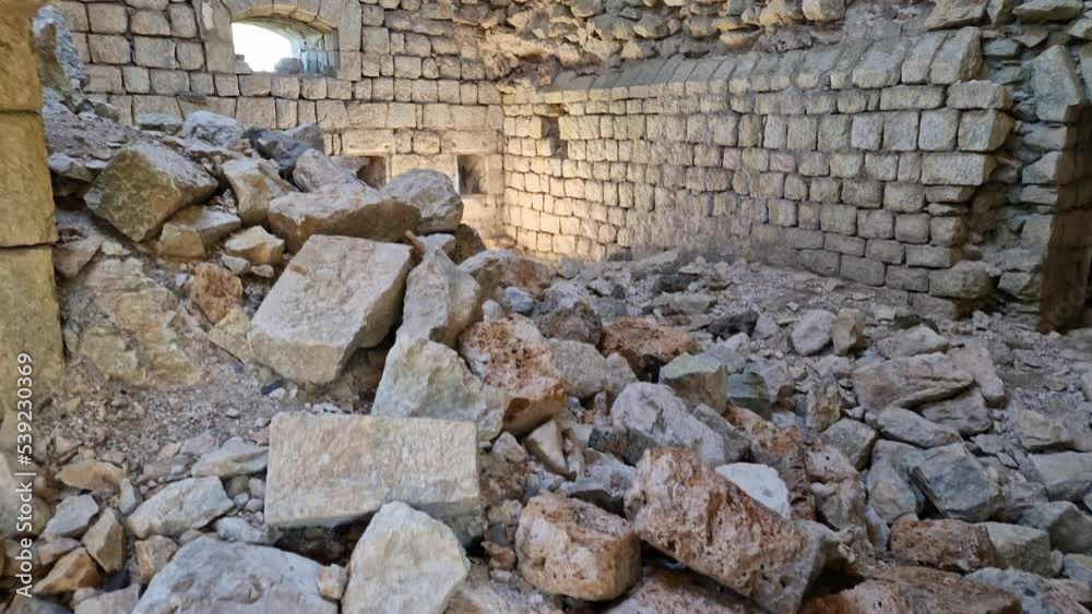 Medieval castle ruin - old derelict stone fortress interior with ...