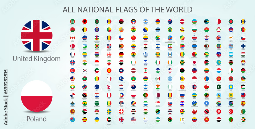 All national flags of the world with names - round shape with shadow ...