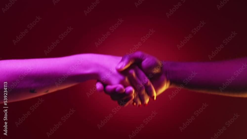 Diverse handshake. Gender equality. International unity. Pink purple ...