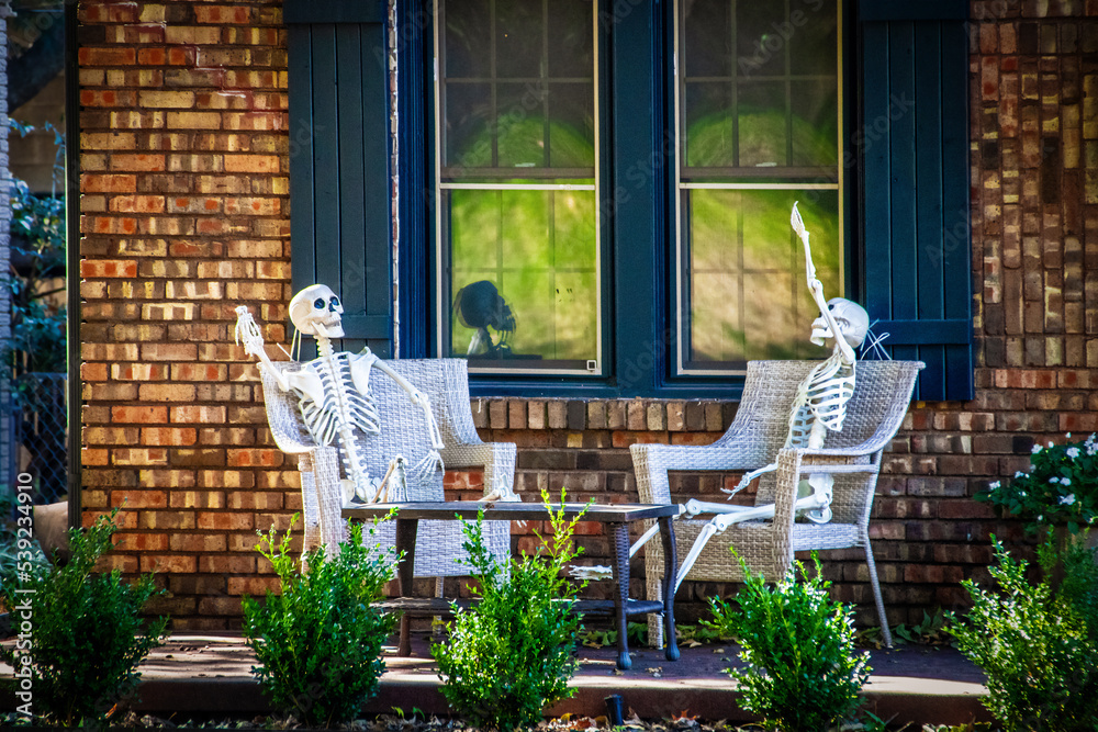 Two Halloween skeletons have conversation on front porch of residence ...