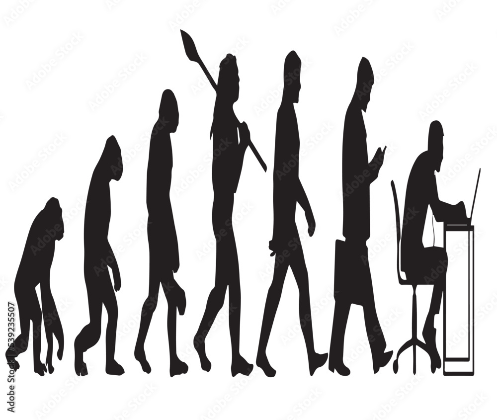Silhouette of theory of evolution of man. Human development from monkey ...