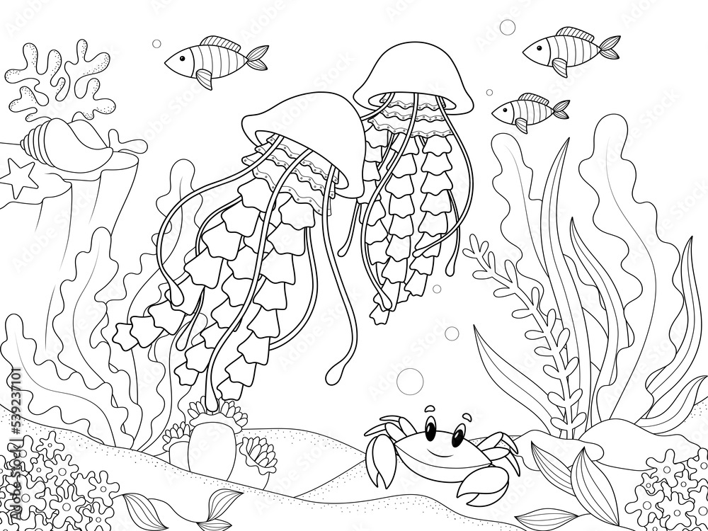 Seabed, marine animals. The jellyfish swims among algae and other fish ...