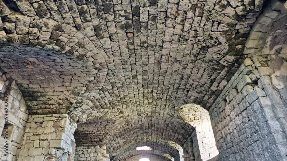 Medieval castle interior - ruin of old derelict stone fortress with ...