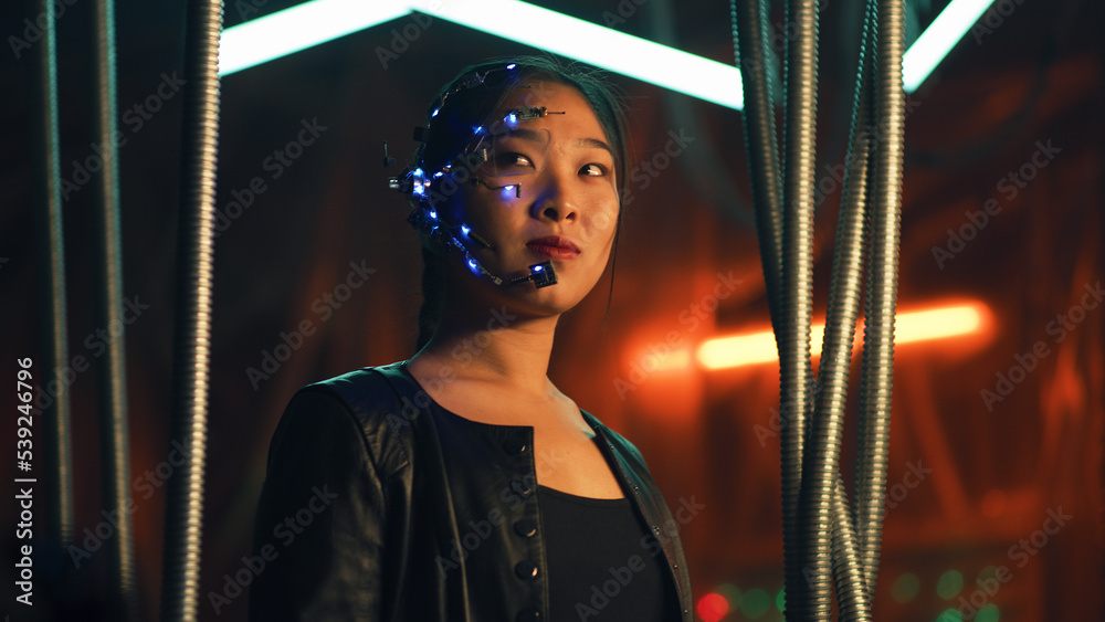 Cyberpunk girl in a black leather jacket and intense facial expressions ...