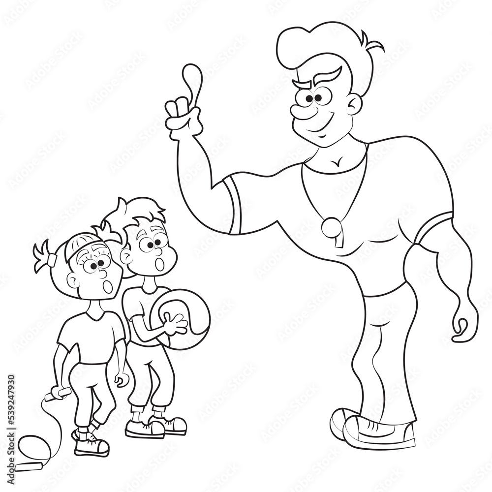 Coloring Book. Coach gives instructions to the children during sports ...