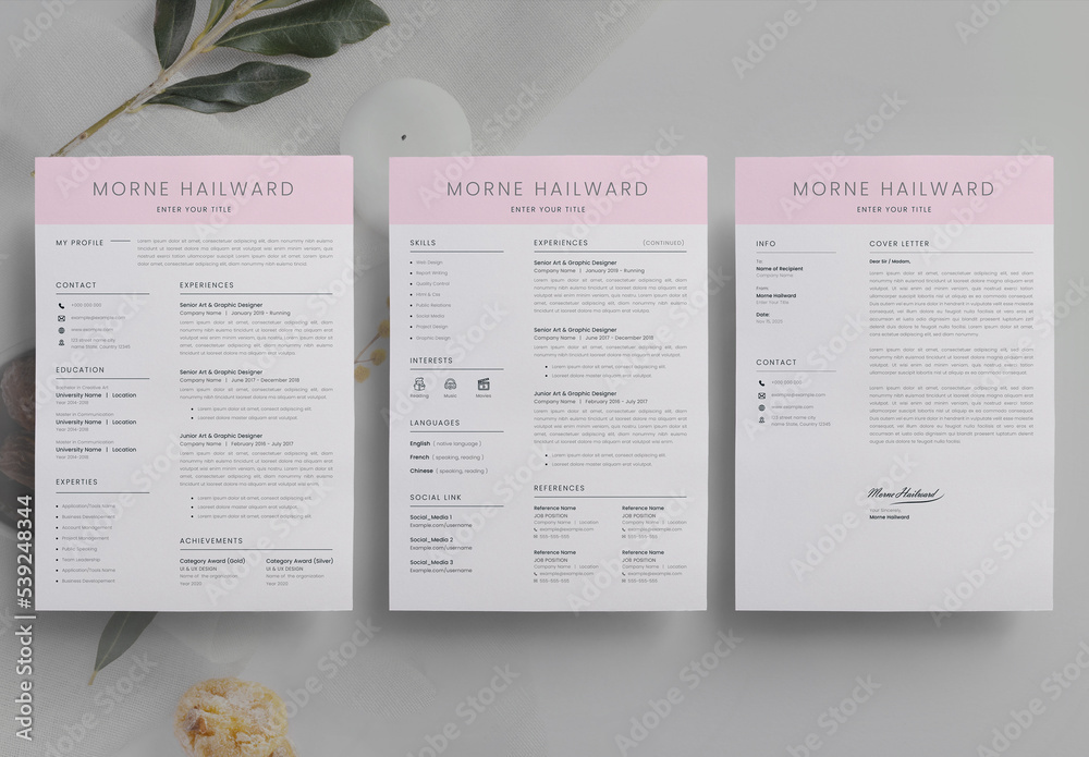 Pink CV Template with Cover Letter Layout Vector Accents Stock Template ...