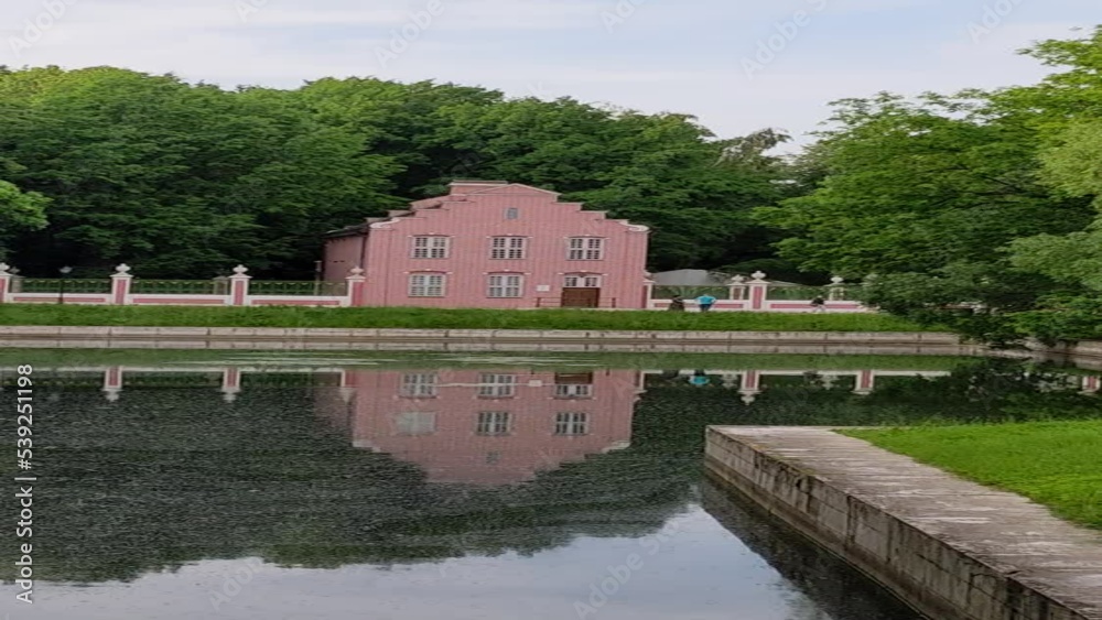 Vertical shot of an unpaved path in the park with low trees lines under ...