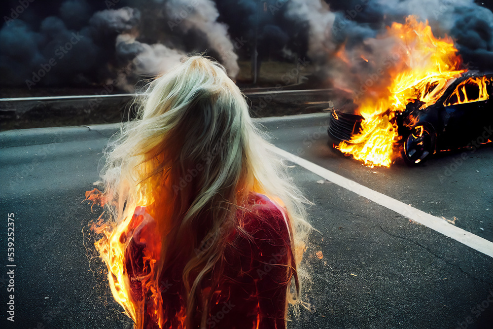 Girl watching a burning car after a road accident, destroyed family, 3d ...