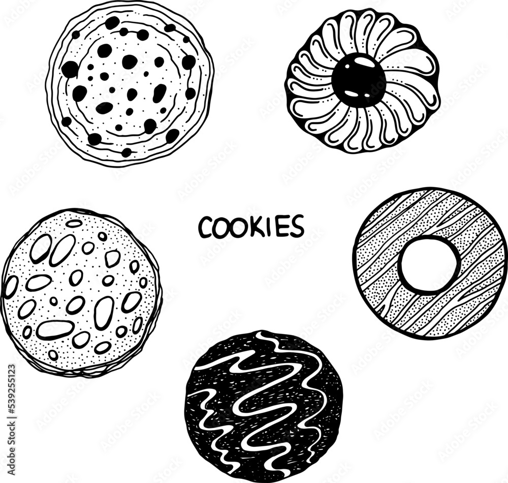Sketch illustration set of different cookies. Line art hand drawn ...