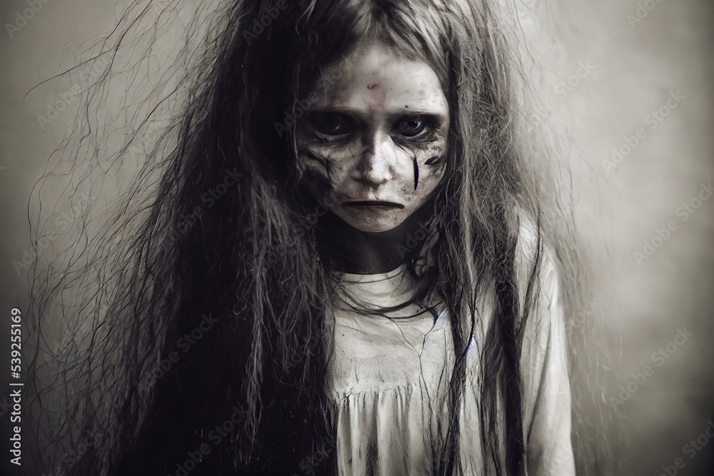 Dead girl transformed into living dead or zombie, black and white, 3d ...