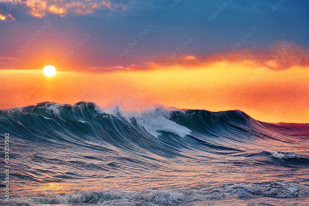 Sunset over ocean waves in the tropical sea with splashing water Stock Illustration | Adobe Stock