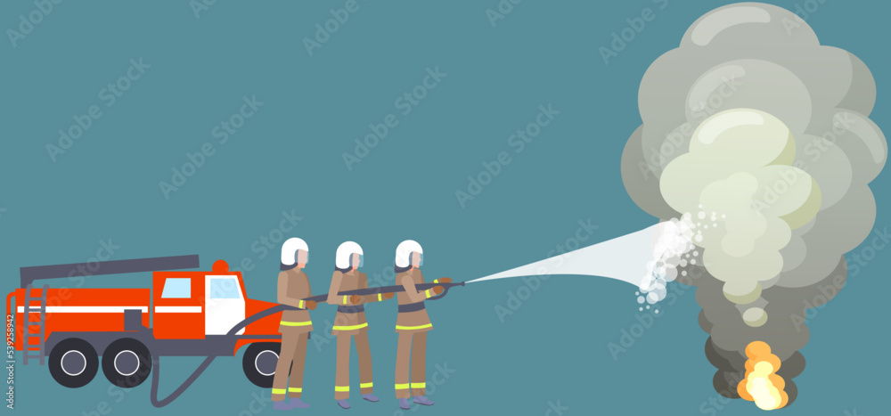 Firefighters wearing helmets and uniform trying to put out flame. Brave ...