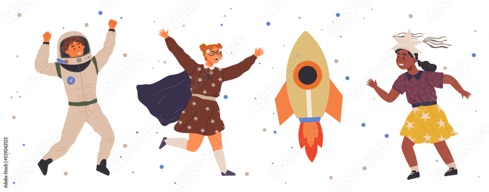 Set of happy people in different costumes for space party. Characters ...