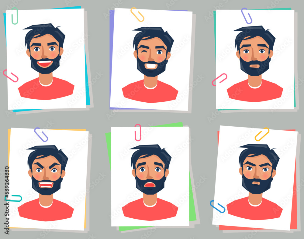 Positive and negative face expressions of man. Faces of male character ...