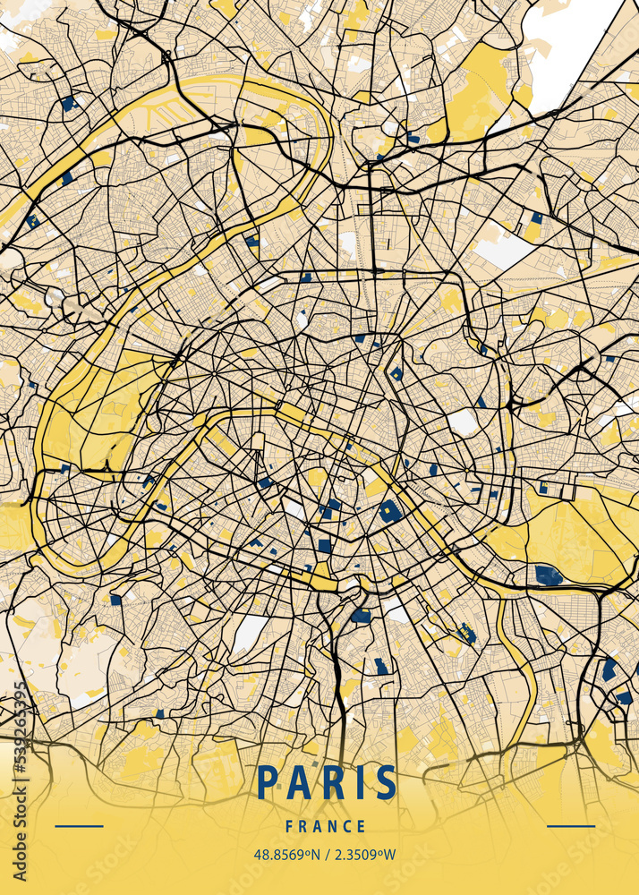 Paris city map poster print. Detailed map of Paris (France). Stock ...