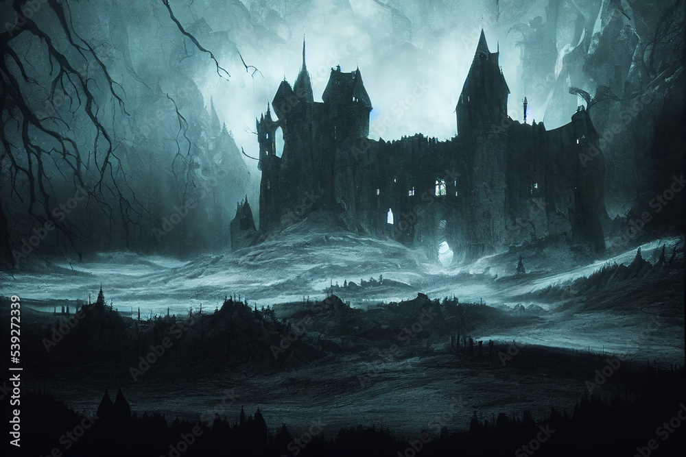 Background for a scary fairy tale background, a dark gothic castle in a ...