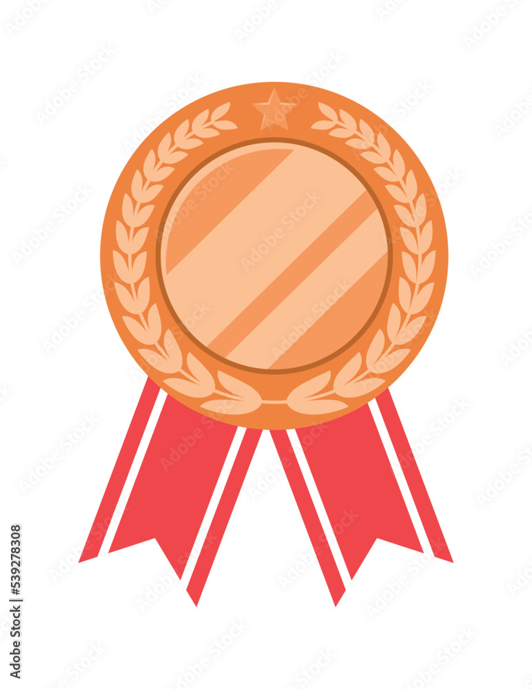 Bronze medal with ribbon. Brown round shiny metal object. Memory and ...