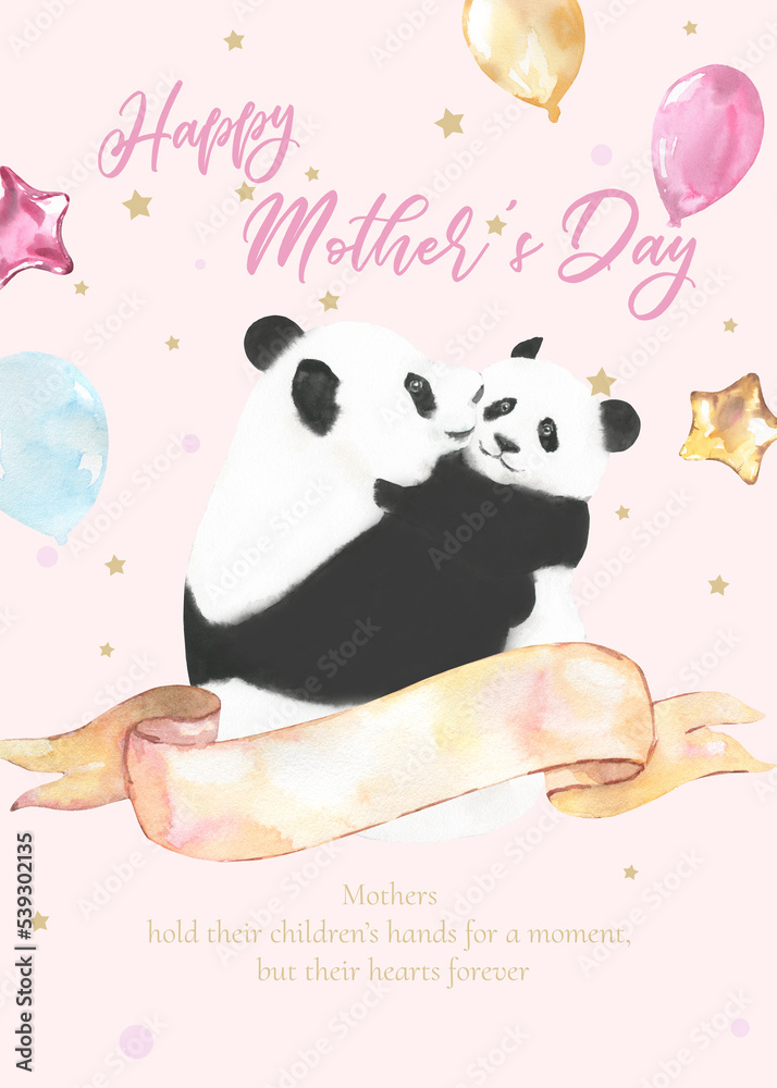 Watercolor Happy Mother's day panda illustration. Mother and baby ...