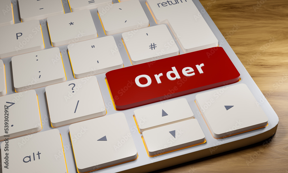 Order - Computer keyboard. White computer keyboard with one key in blue ...