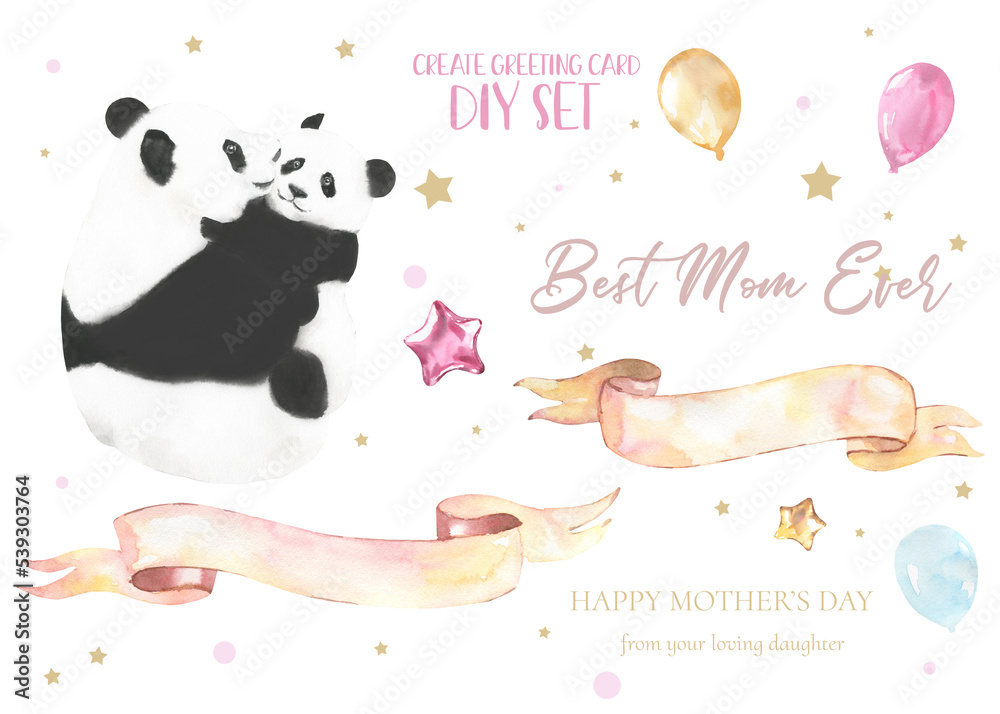 Watercolor panda Happy Mother's day diy set. Create greeting card ...