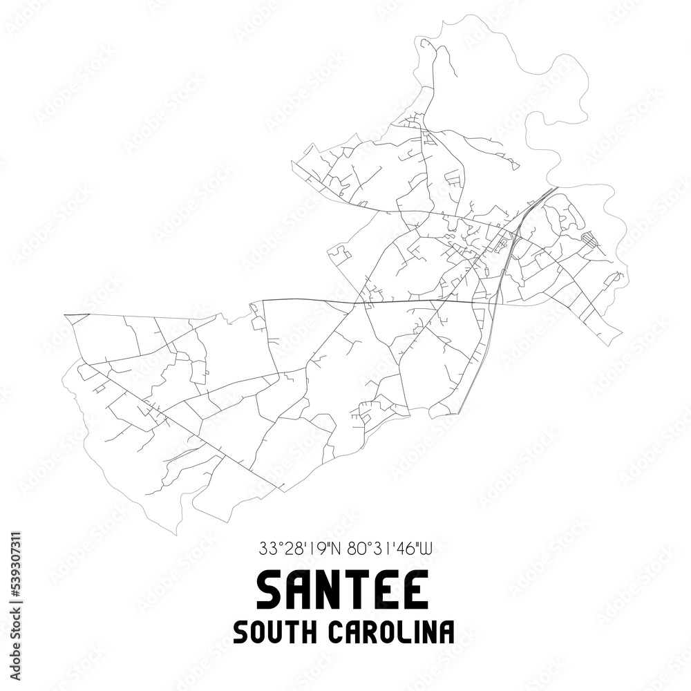 Santee South Carolina. US street map with black and white lines ...