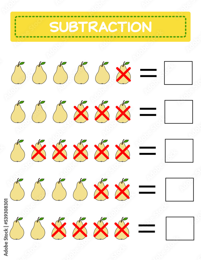 Subtraction. Math worksheet for kids. Developing numeracy skills. Solve ...