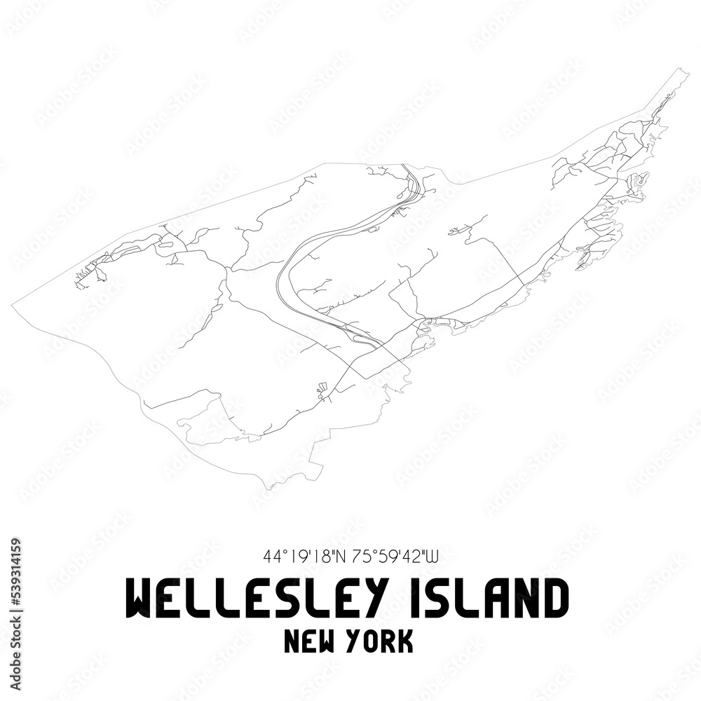 Wellesley Island New York. US street map with black and white lines ...