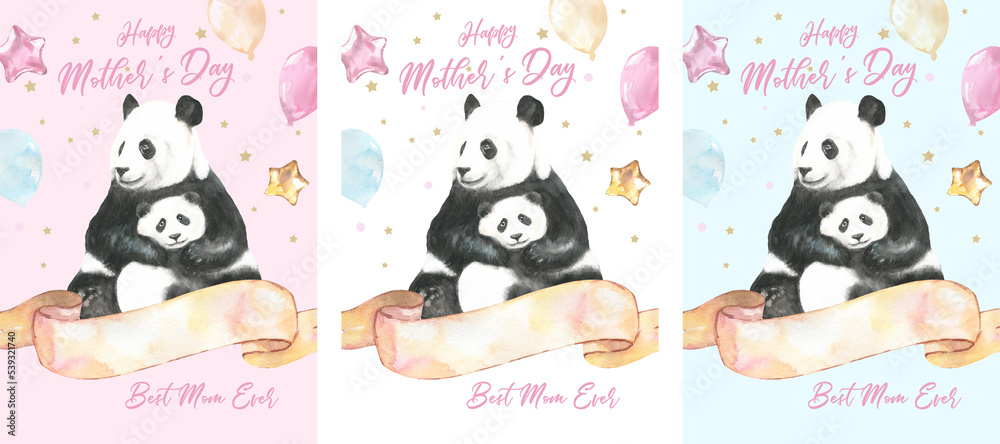 Watercolor panda cards Happy Mother's day diy set. Create greeting card ...