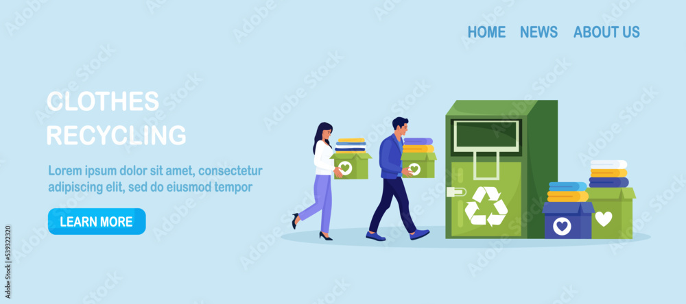 Cloth recycling. People put, sorting clothes in urban street container ...