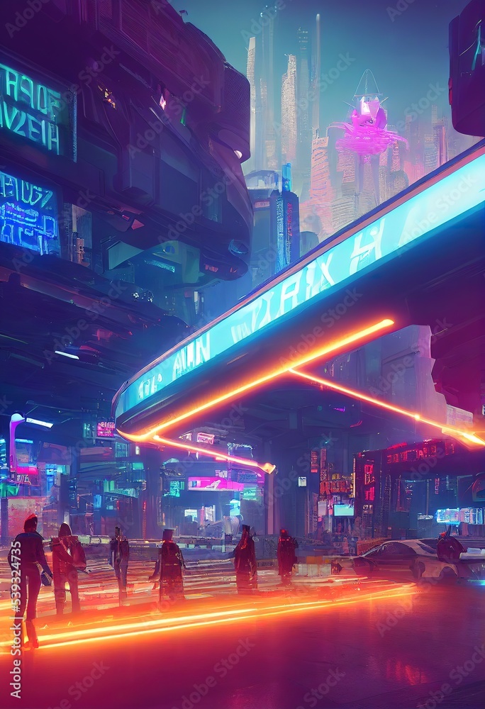 Cyberpunk city street, neon in sci-fi futuristic city art Stock ...