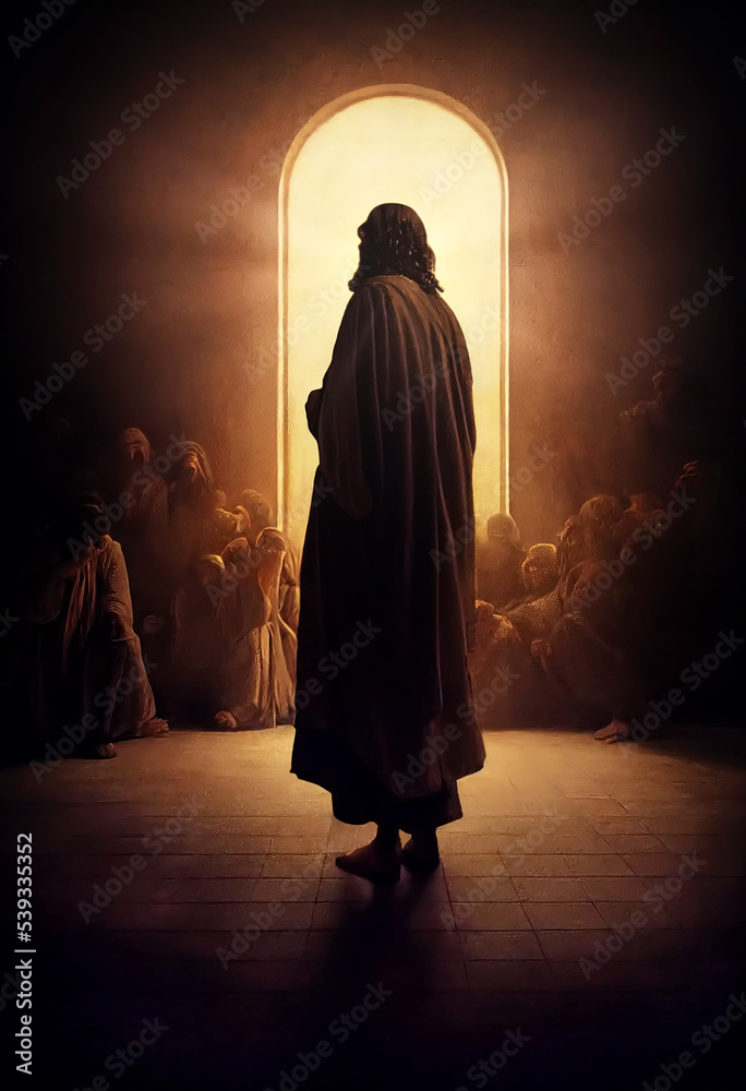 Prophet standing inside big room facing people siting around, in front ...