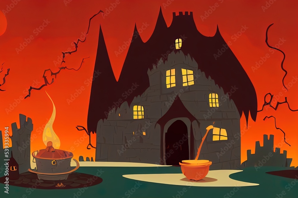 Witch house with magic potion boiling in cauldron and mandrake in pot ...