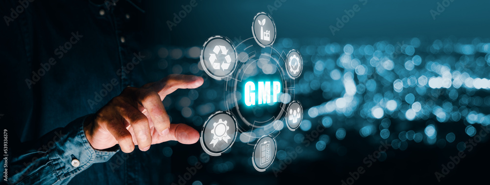 GMP Good Manufacturing Practice Medical Pharmacy Сoncept, Person hand ...