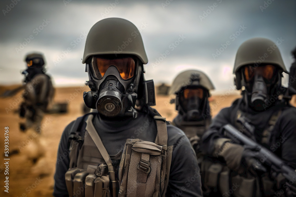 Group of elite special forces soldier equipped with battle armor and an ...